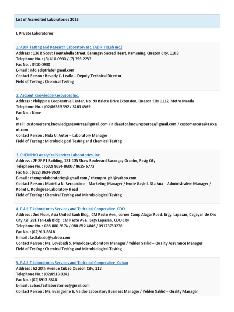 List of Accredited Laboratories 2023 | PDF | Chemistry | Laboratories