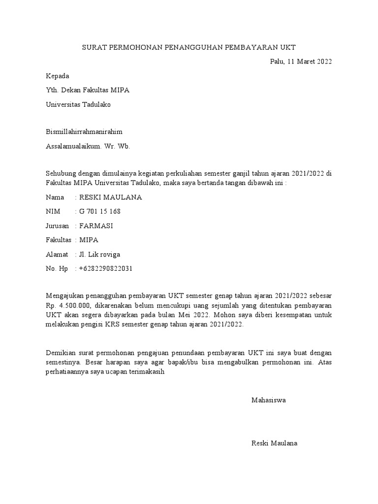 Surat Permohonan Penangguhan Pembayaran Ukt | PDF