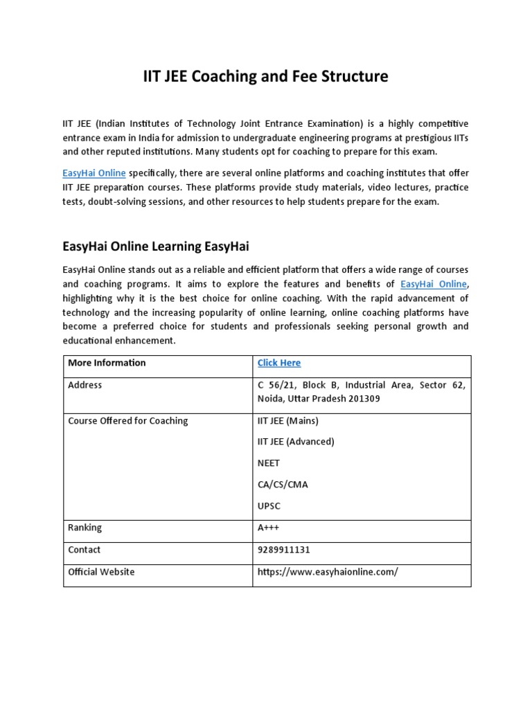 IIT JEE Coaching Fee Structure Overview | PDF | Learning | Behavior ...
