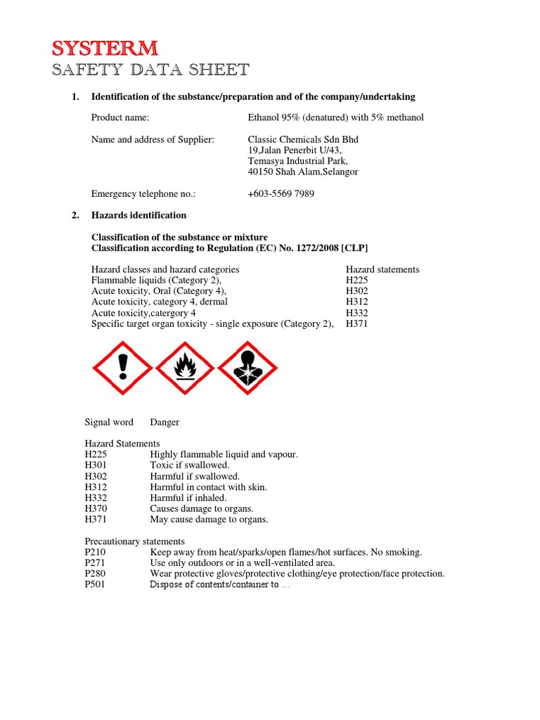 Ethanol 95% Denatured | PDF | Water | Toxicity