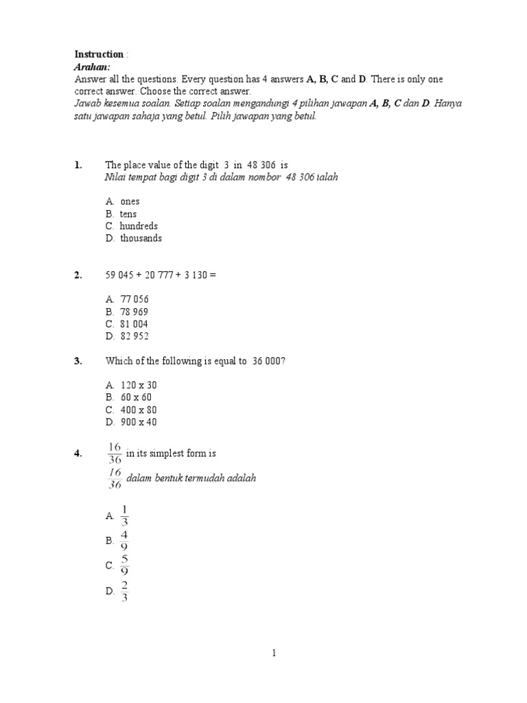 Math Paper 1 Year 4 | PDF