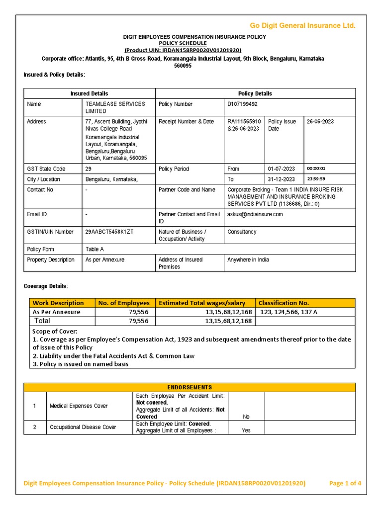 TL WC Policy Copy 1st July23-31stDec23 | PDF | Employment | Indemnity