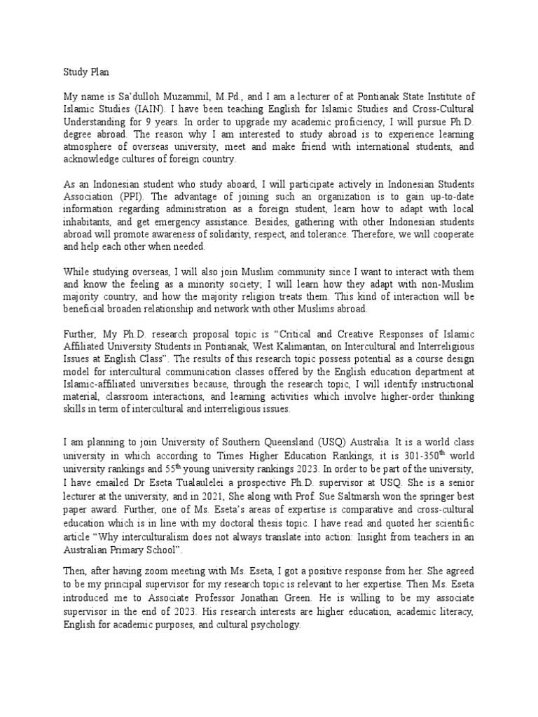 Study Plan | PDF | Cross Cultural Communication | Doctor Of Philosophy