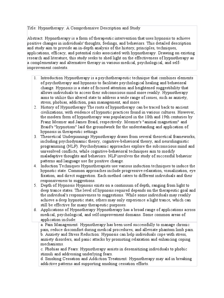 Hypnotherapy - A Comprehensive Description and Study | PDF | Hypnotherapy | Hypnosis
