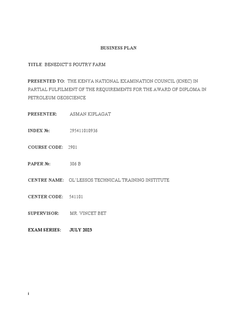 Business Plan Title: Presented To: The Kenya National Examination ...