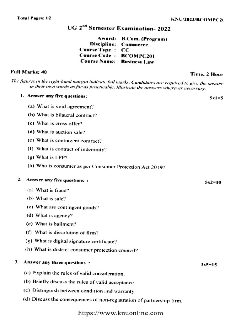Bcom 2 Sem Commerce Business Law Bcompc201 2022 | PDF