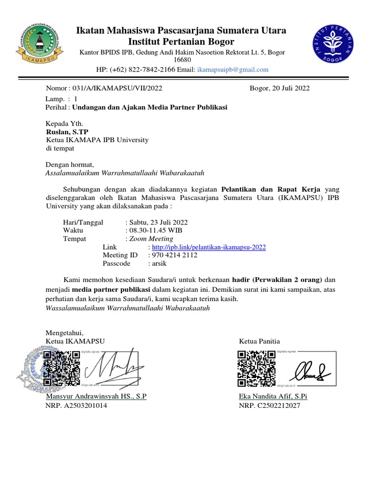 031 - Surat Undangan Dan Ajakan Media Partner Publikasi - Ketua IKAMAPA IPB University-Signed | PDF
