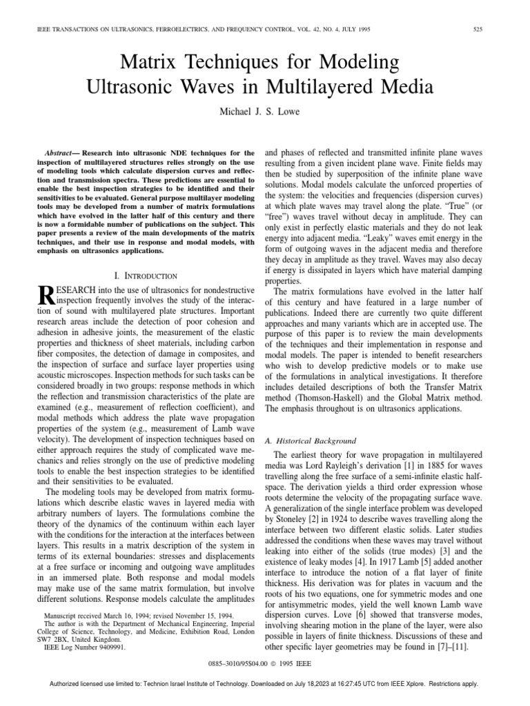 Matrix Techniques For Modeling Ultrasonic Waves in Multilayered Media | PDF | Waves | Matrix ...