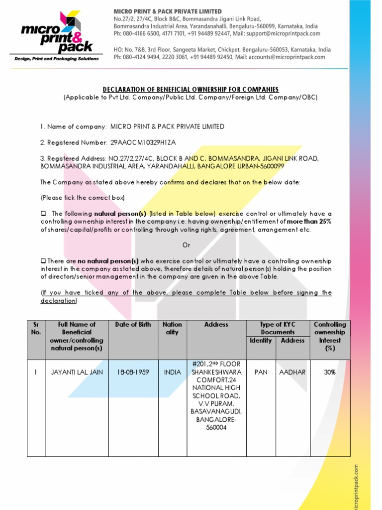 Declaration of Beneficial Ownership For Companies | PDF | Justice ...
