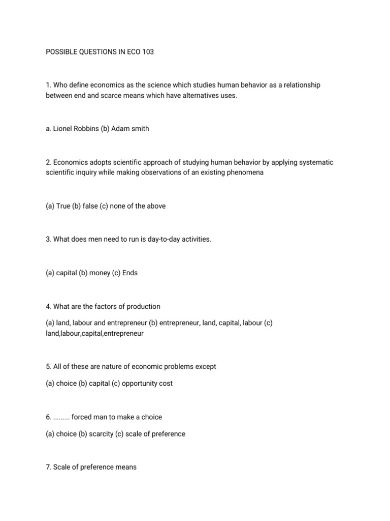 Eco 103 Possible Questions | PDF