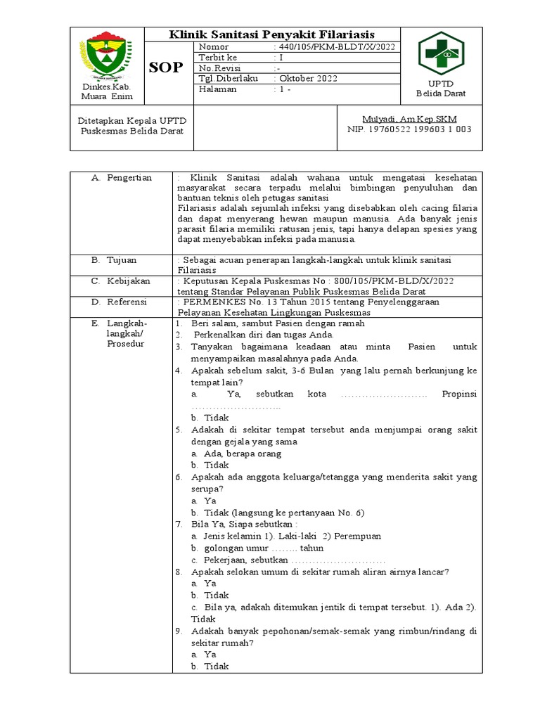 Sop Klinik Sanitasi Filariasis | PDF | Griya & Taman