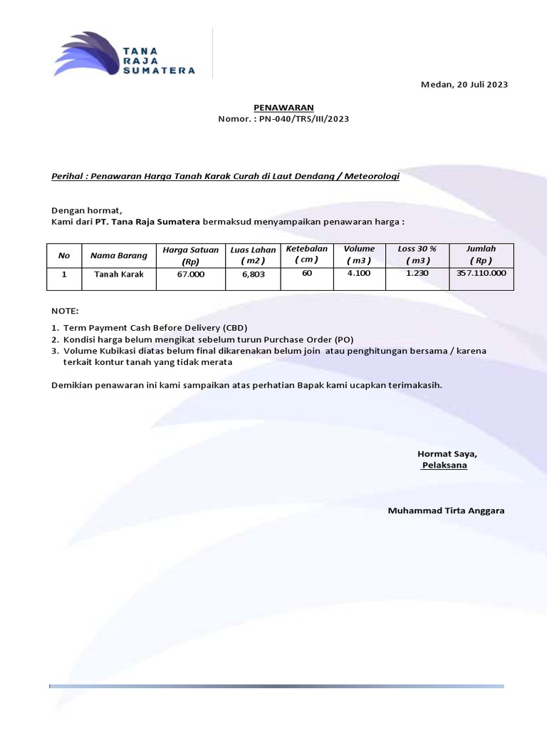 Penawaran Harga Tanah Karak Laut Dendang | PDF