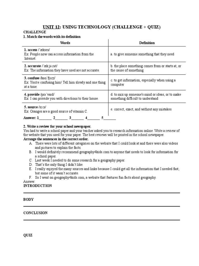 Unit 12 Writing Challenge and Quiz | PDF | Information | Mass Media