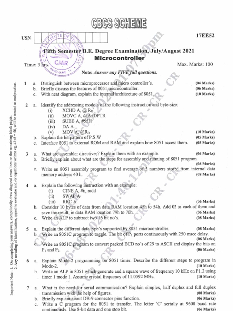 VTU Question Paper of 18EE52 Microcontroller Aug-2021 | PDF