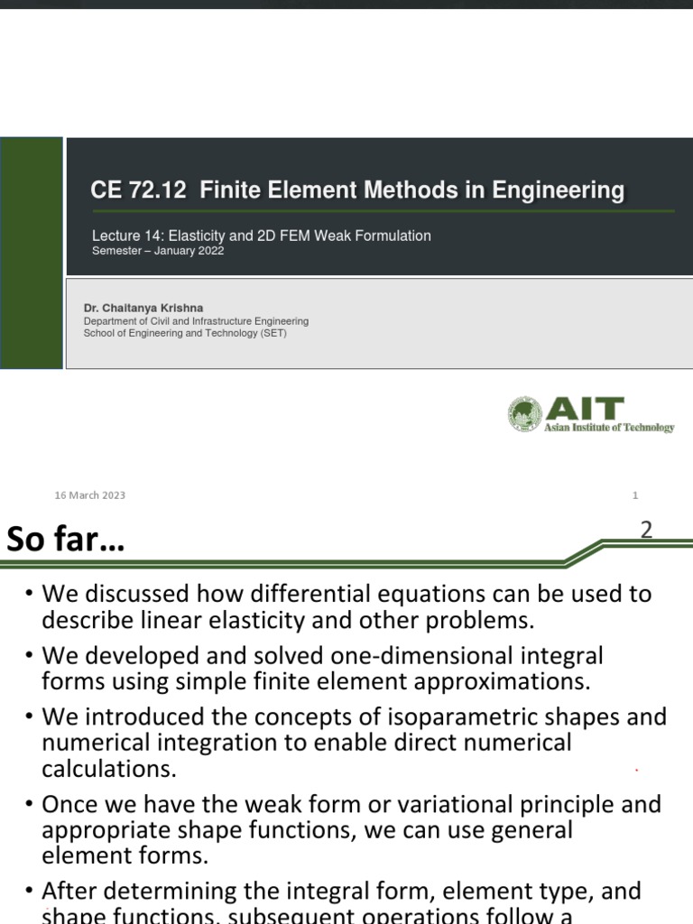 Lecture14 CE72.12Elasticity and 2D FEM Weak Formulation | PDF | Finite Element Method | Calculus ...
