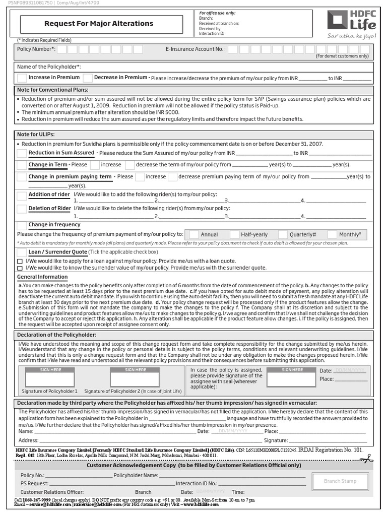 Major Policy Alteration Request Form | PDF | Insurance | Life Insurance