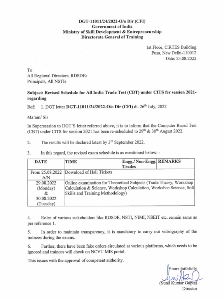 Revised Schedule For AITT (CBT) Under CITS For Session 2021 (23-08-2022 ... Revised Schedule For AITT (CBT) Under CITS For Session 2021 (23-08-2022 ...