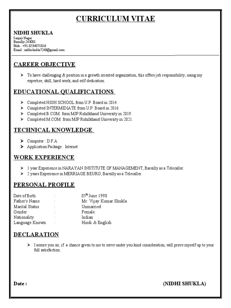 Female Telecaller Resume of Nidhi Shukla | PDF