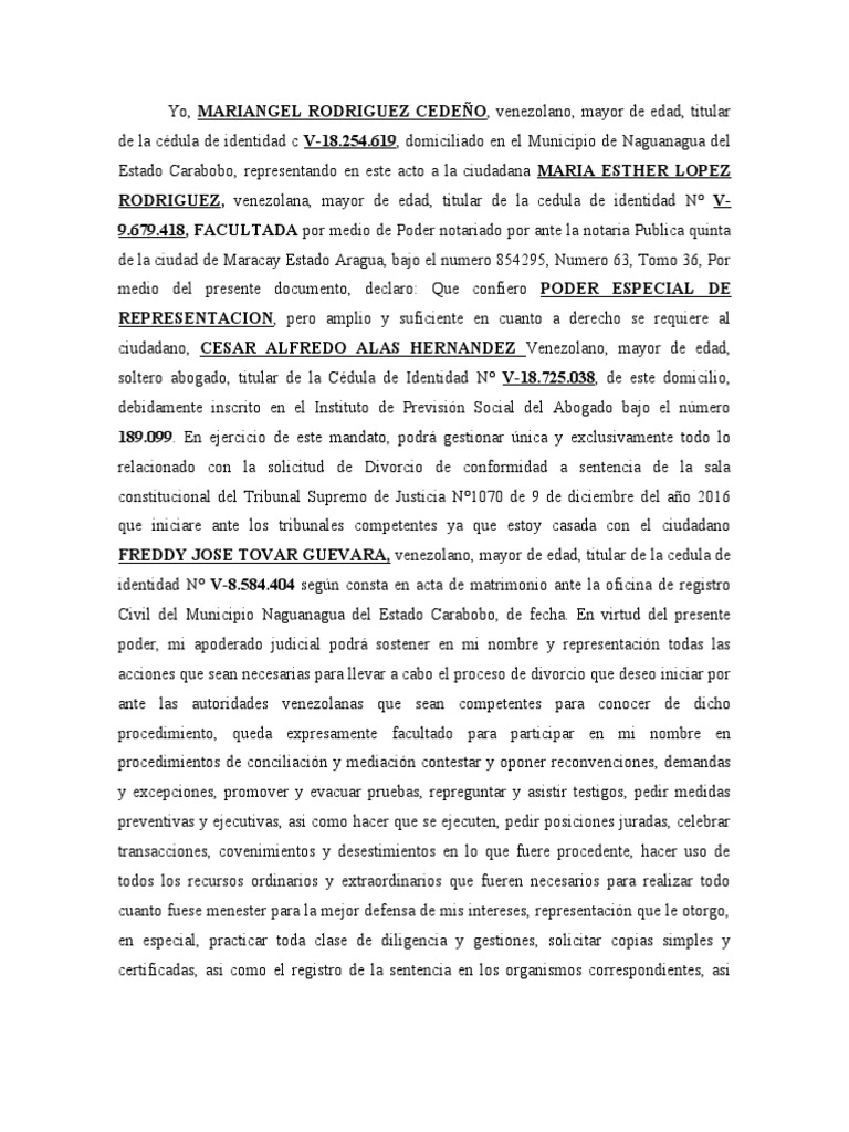 Poder para Divorcio | PDF | Divorcio | Venezuela
