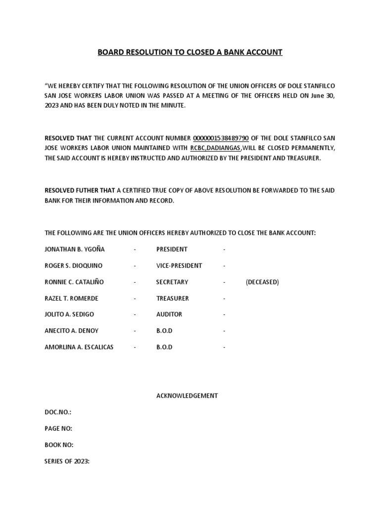 Board Resolution To Closed A Bank Account | PDF