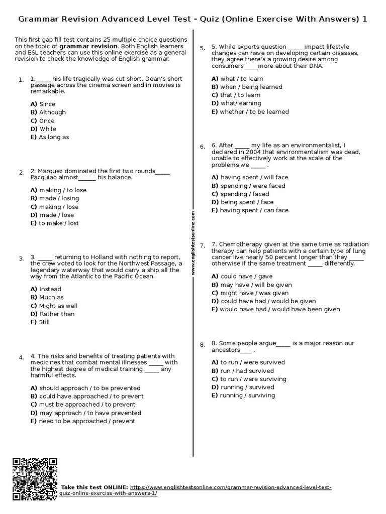 361 - Grammar Revision Advanced Level Test Quiz Online Exercise With ...