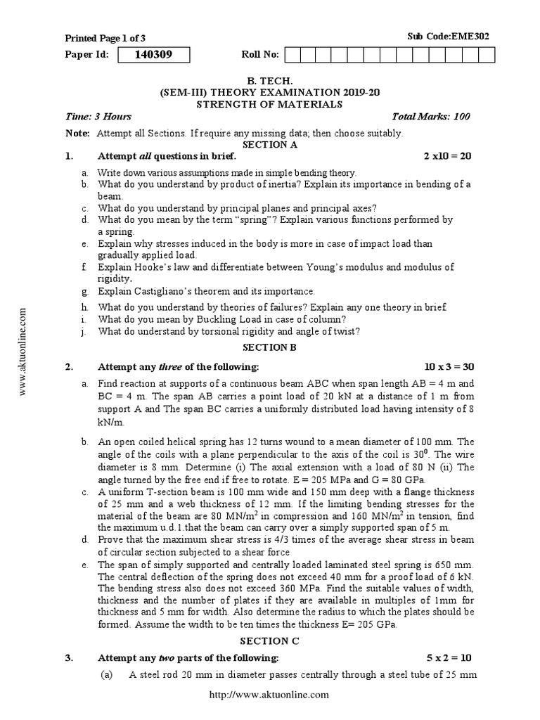 Btech Me 3 Sem Strength of Materials Eme302 2020 | PDF | Bending ...
