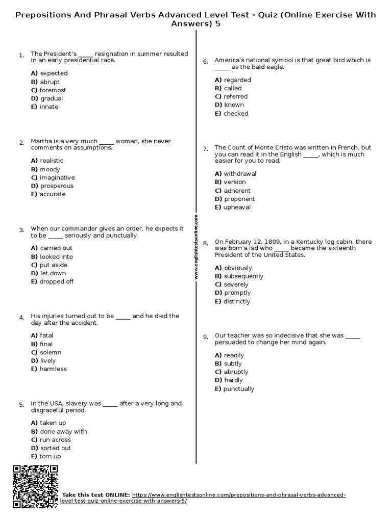 Advanced Prepositions and Phrasal Verbs Quiz | PDF