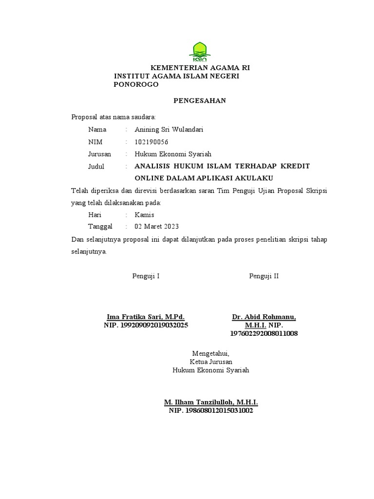 Pengesahan Proposal Wulan | PDF