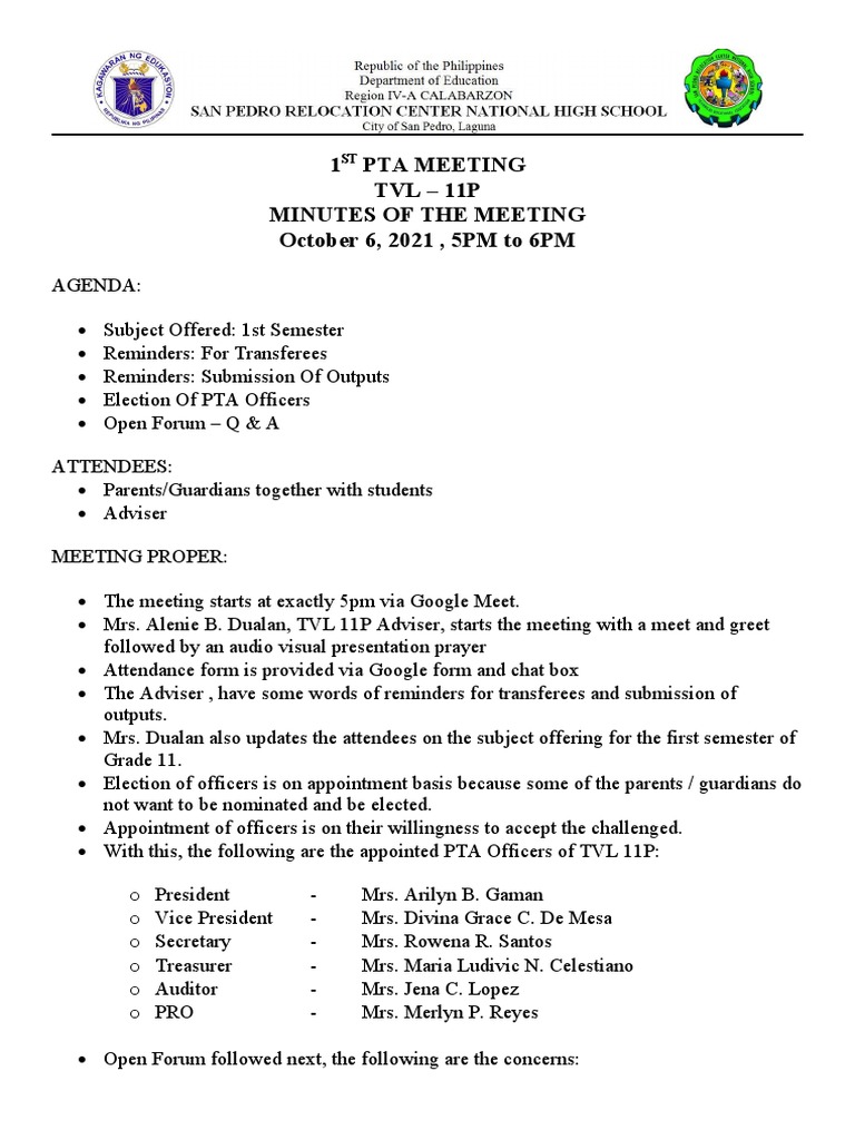 TVL 11P 1ST Pta Meeting Minutes of The Meeting | PDF