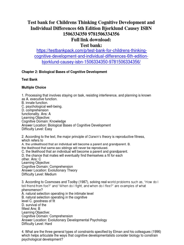 Test Bank: Children's Thinking 6th Edition | PDF | Learning | Cognition