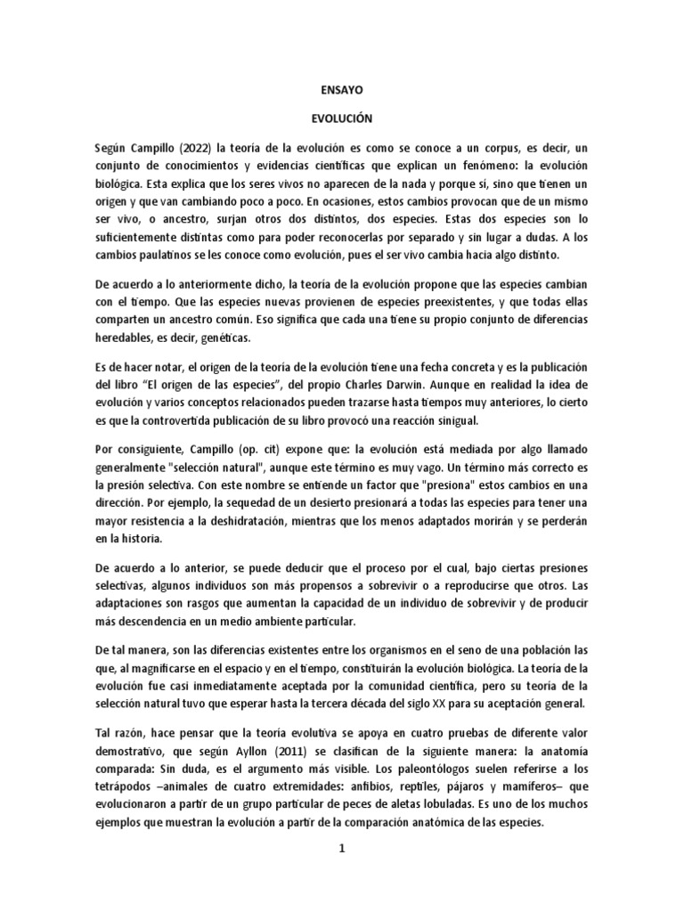 ENSAYO. 1 EVOLUCIÓN | PDF | Evolución | Vida