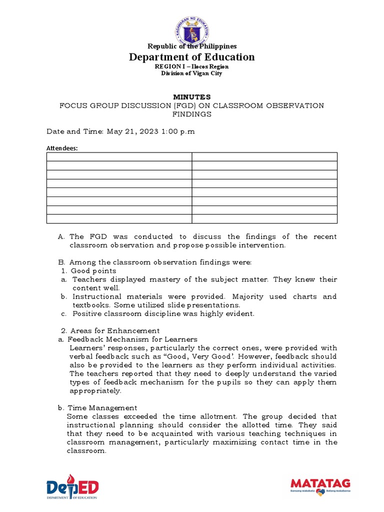 Minutes On Focus Group Discussion | PDF | Learning | Teachers