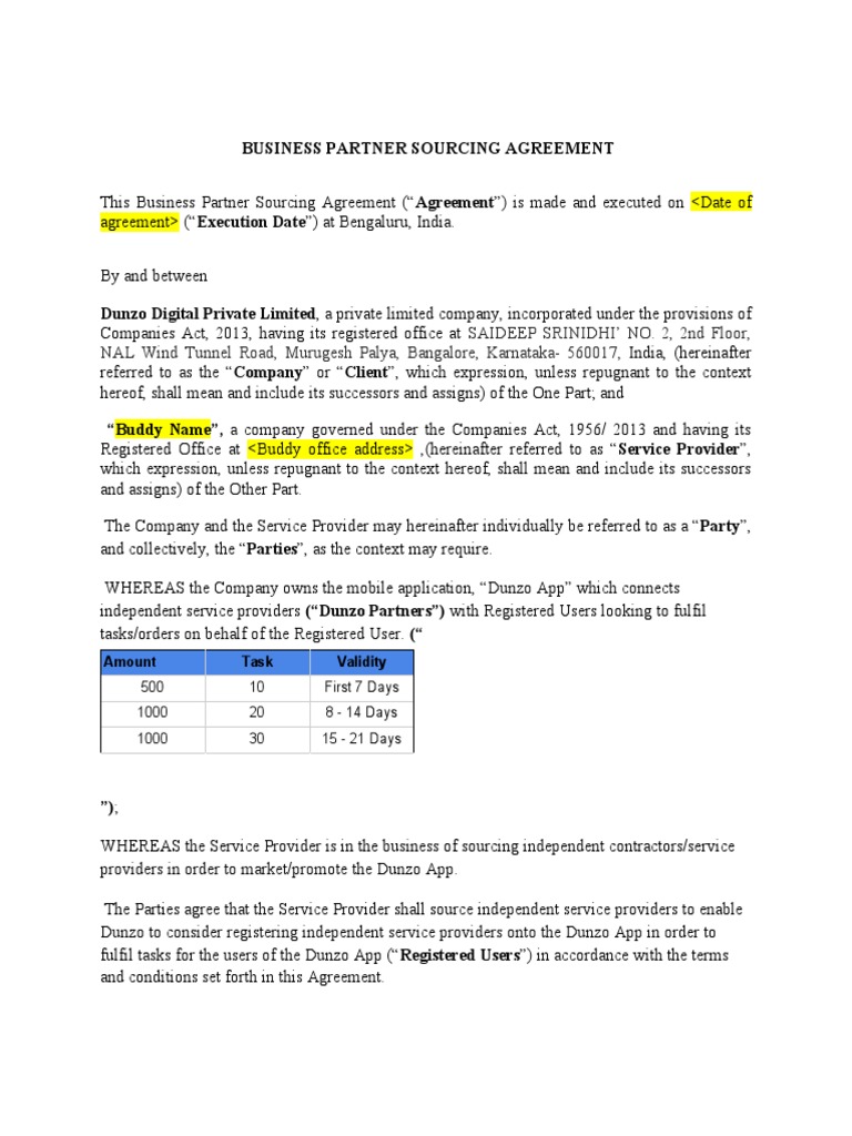 Business Partner Sourcing Agreement | PDF | Indemnity | Breach Of Contract