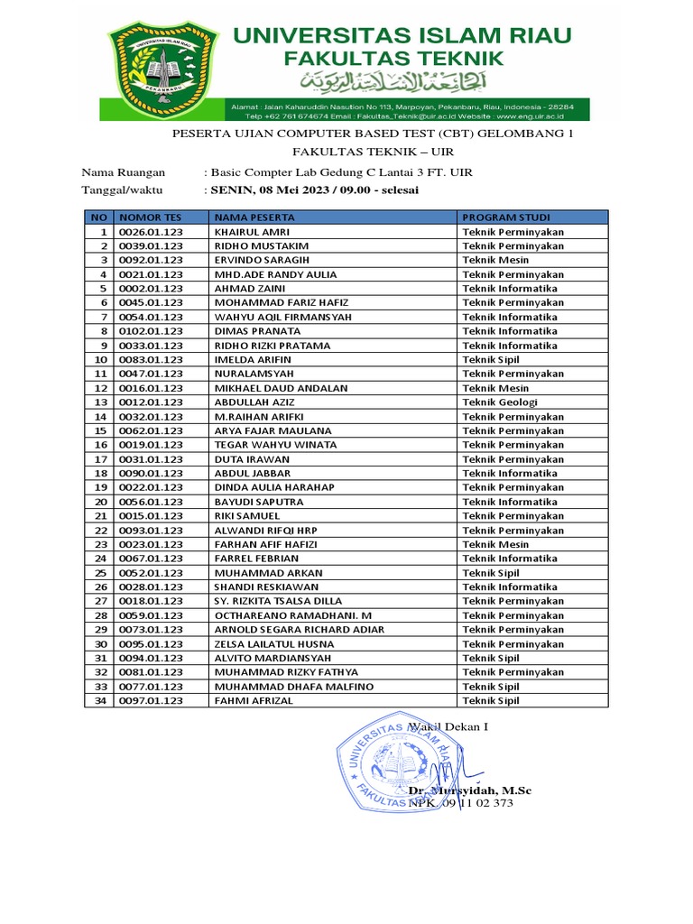 Peserta Ujian CBT Fakultas Teknik UIR | PDF