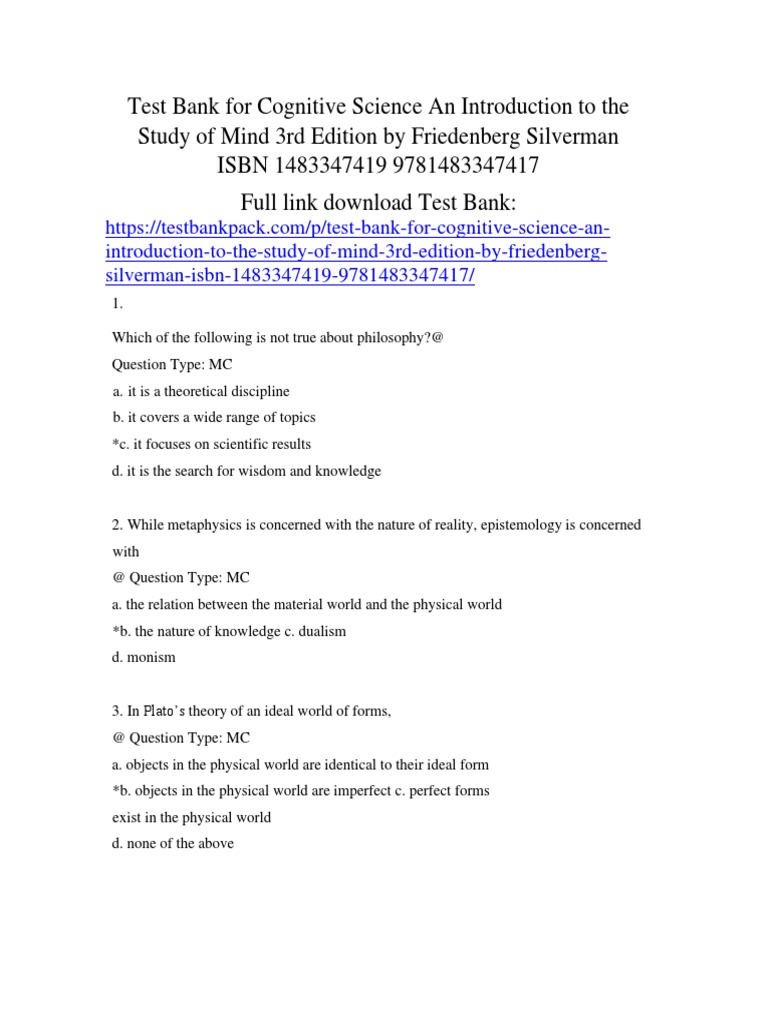 Test Bank for Cognitive Science 3rd Ed. | PDF | Mind | Consciousness
