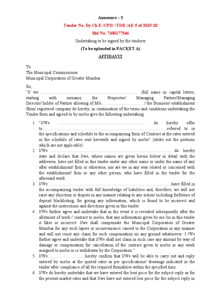 ANNEXURE 3 - Undertaking To Be Signed by The Tenderer | Download Free ...
