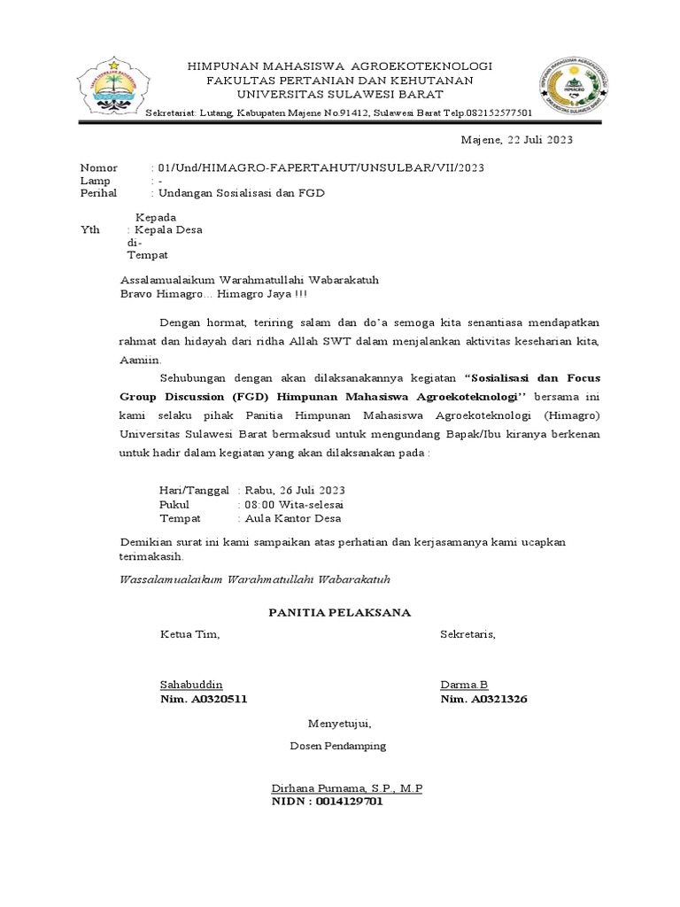SURAT UNDANGAN SOSIALISASI Dan FGD HIMAGRO | PDF