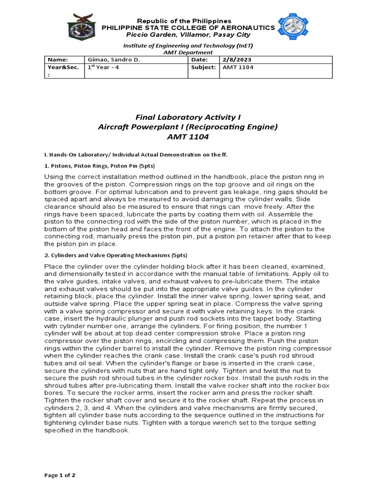 Final Laboratory Activity I | PDF | Piston | Cylinder (Engine)