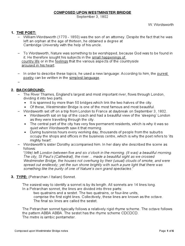 Analysis of "Composed Upon Westminster Bridge" | PDF | Sonnets ...