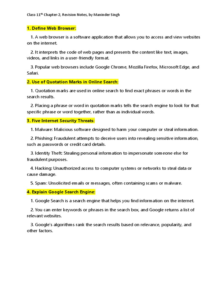 11th Chapter-2 Revision Notes | PDF | World Wide Web | Internet & Web