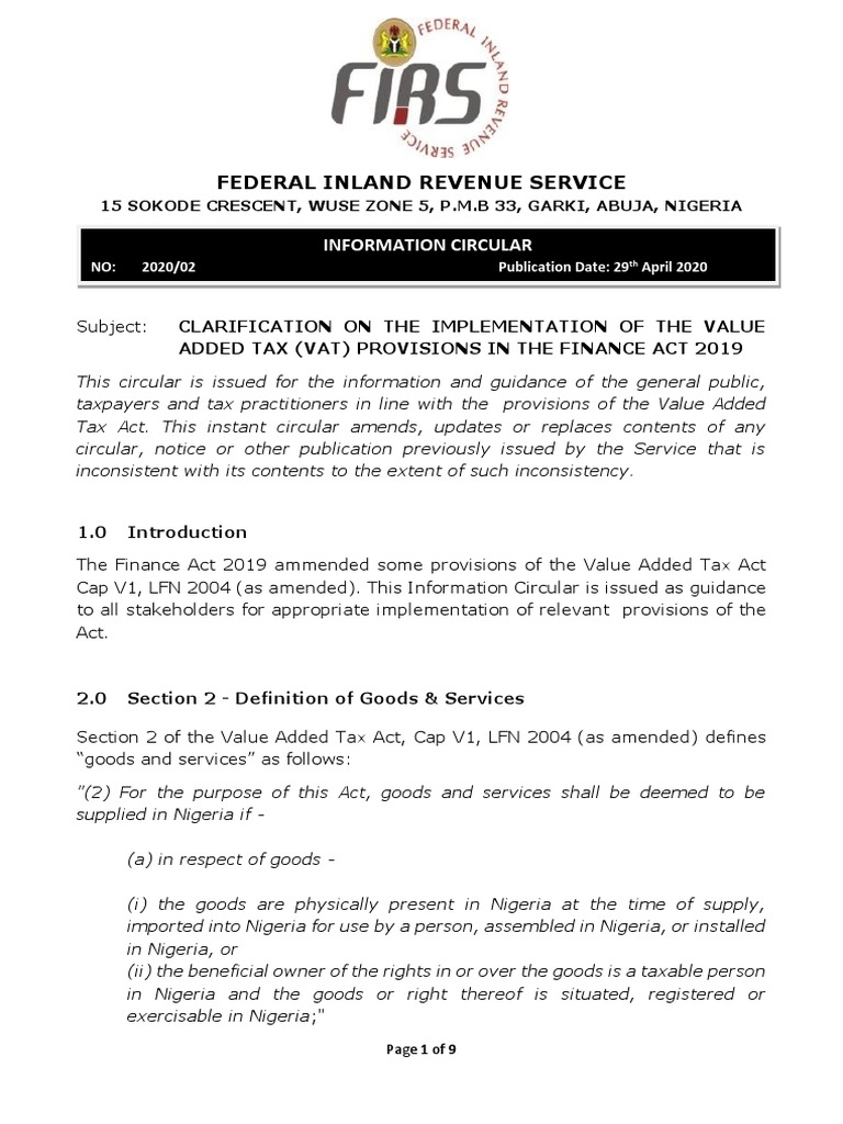 FIRS VAT Information Circular May 2020 | PDF | Value Added Tax | Taxes
