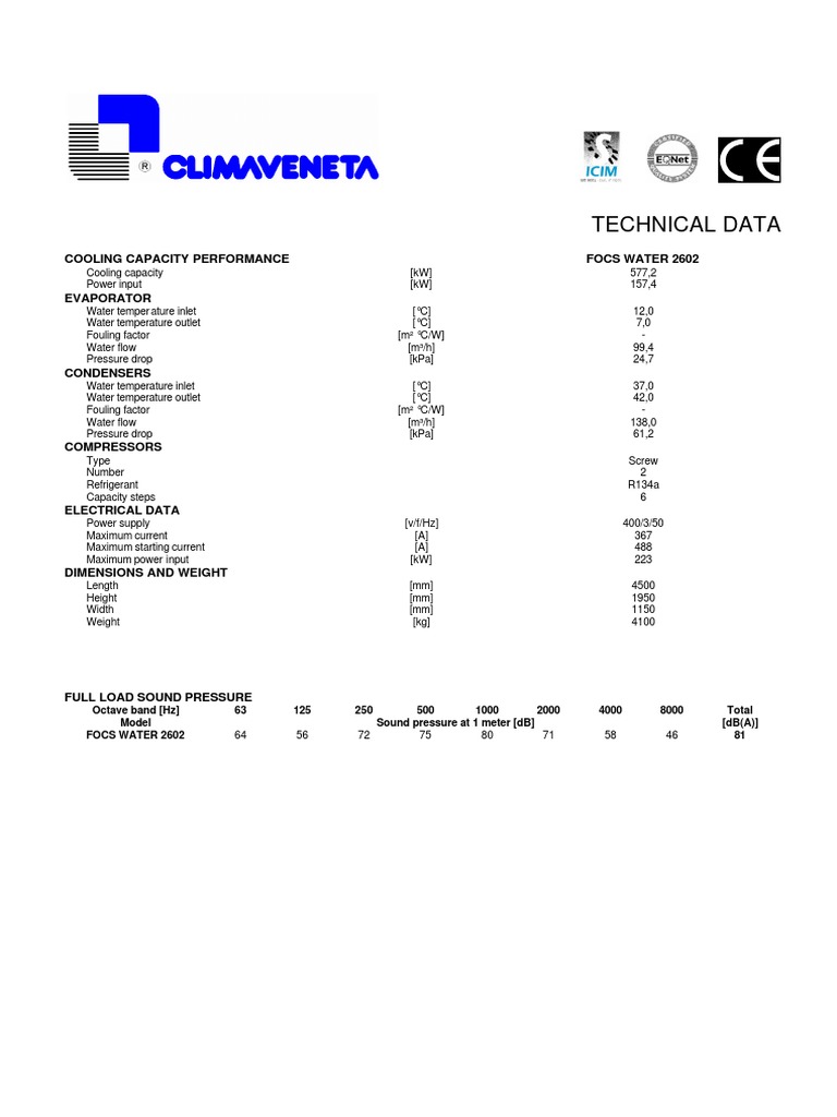 Climaveneta FOCS 2602 Technical Data | PDF | Water | Heat Transfer