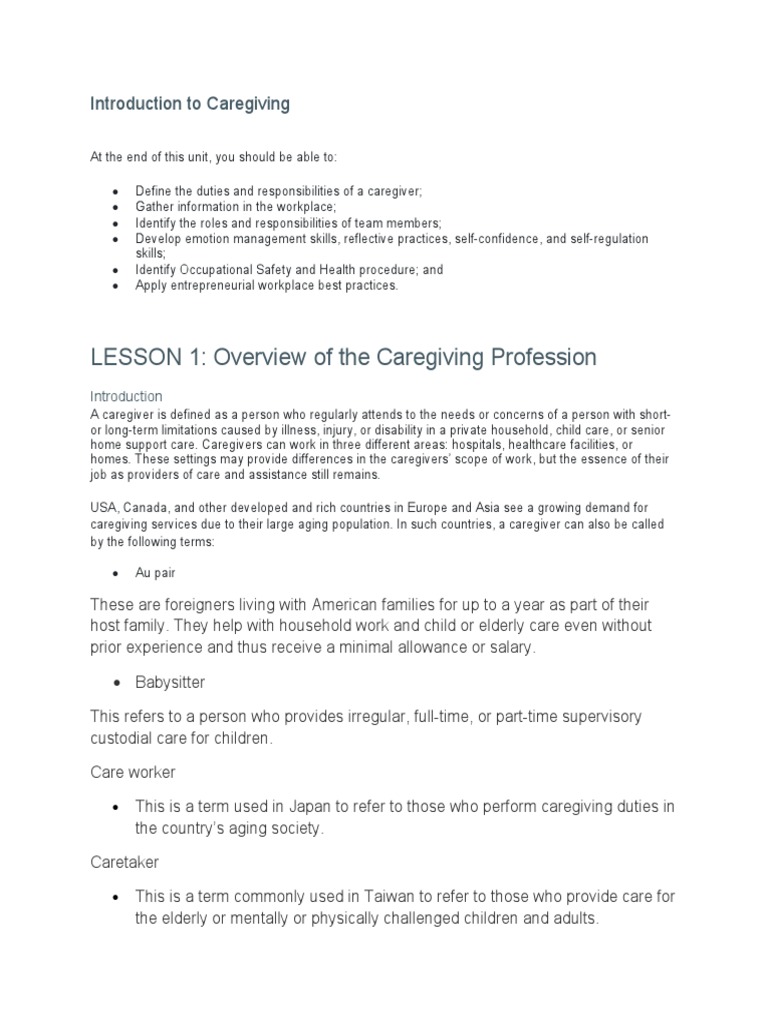 Introduction To Caregiving NCII | PDF | Caregiver | Child Care