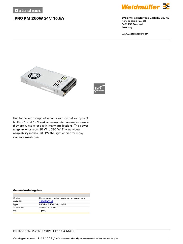 Data Sheet: PRO PM 250W 24V 10.5A | PDF | Power Supply | Manufactured Goods