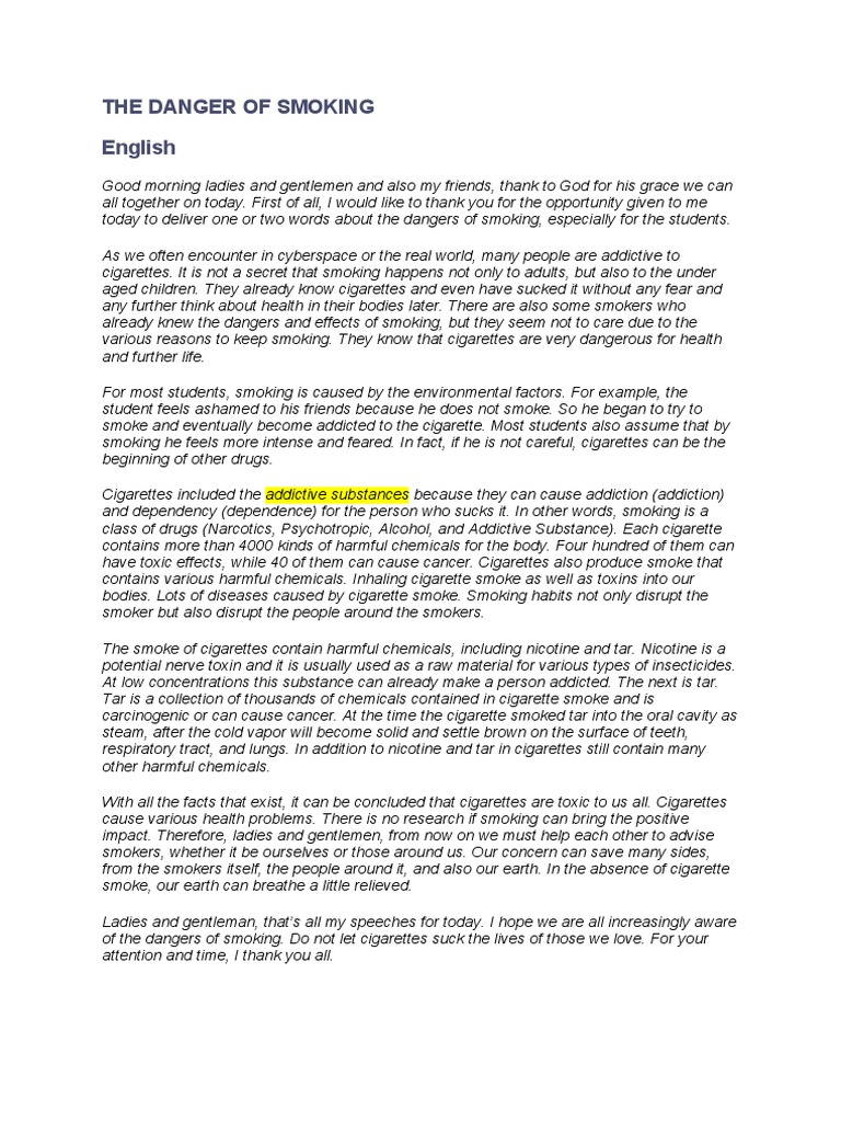3 English Speech The Danger of Smoking | PDF | Cigarette | Smoking