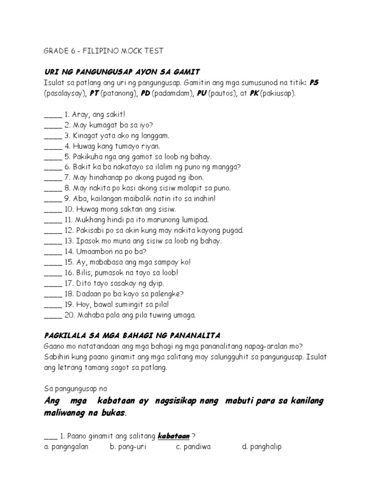 Grade 6 - Filipino Mock Test | PDF