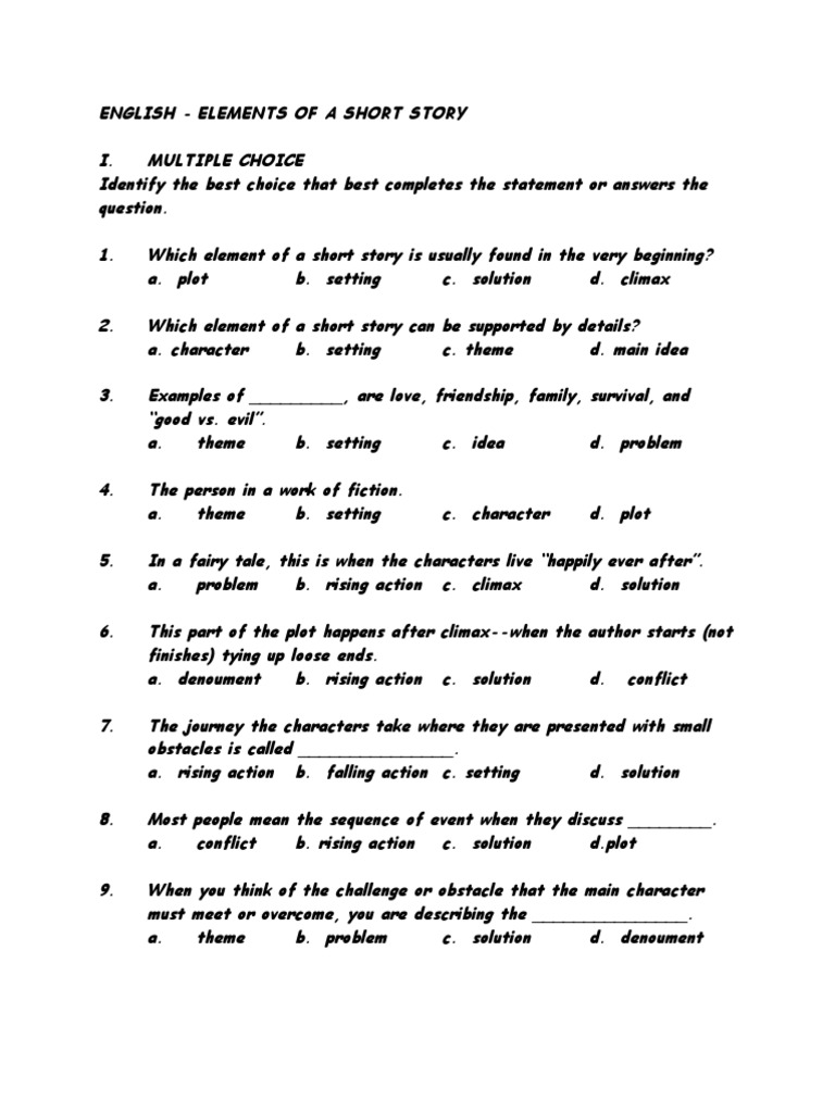 Elements of Short Story Assessment | PDF | Plot (Narrative)