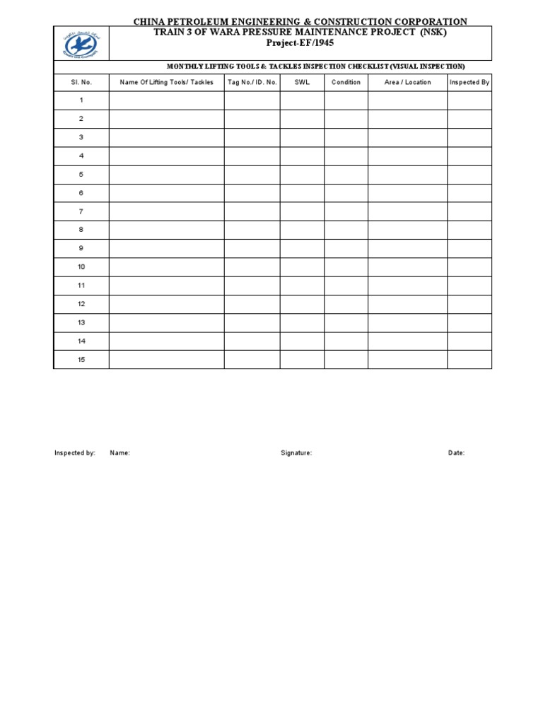 Monthly Lifting Tools And Tackles Inspection Pdf