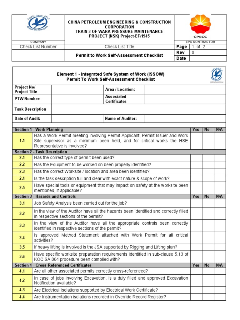 Permit To Work Self Assesment Checklist | PDF | Safety