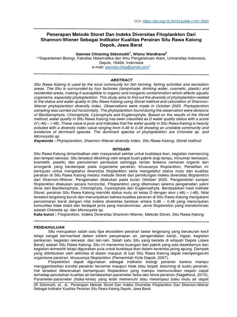 Penerapan Metode Storet Dan Indeks Diversitas Fitoplankton Dari | PDF | Water Quality | Organisms